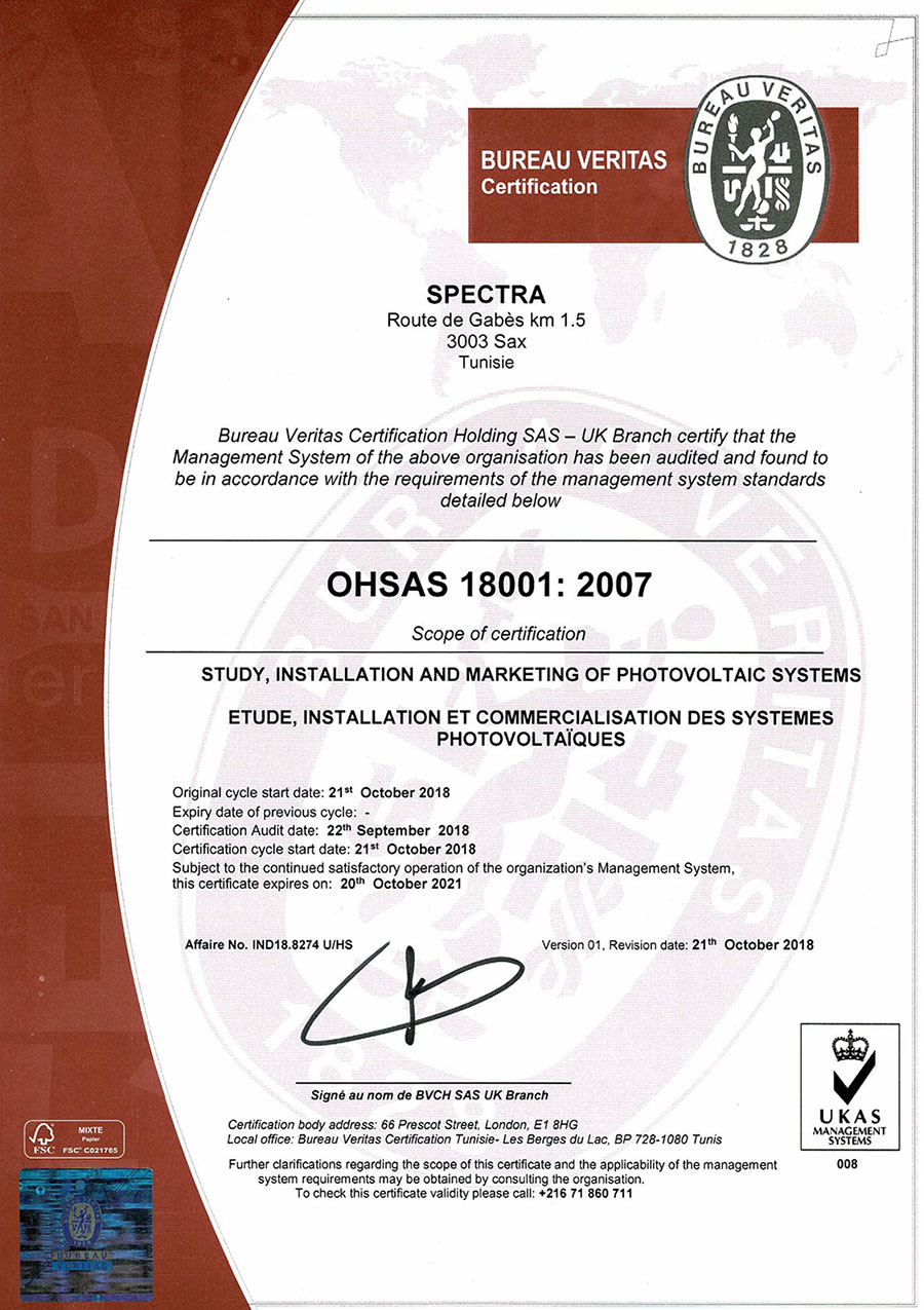 Certification OHSAS 18001 : 2007